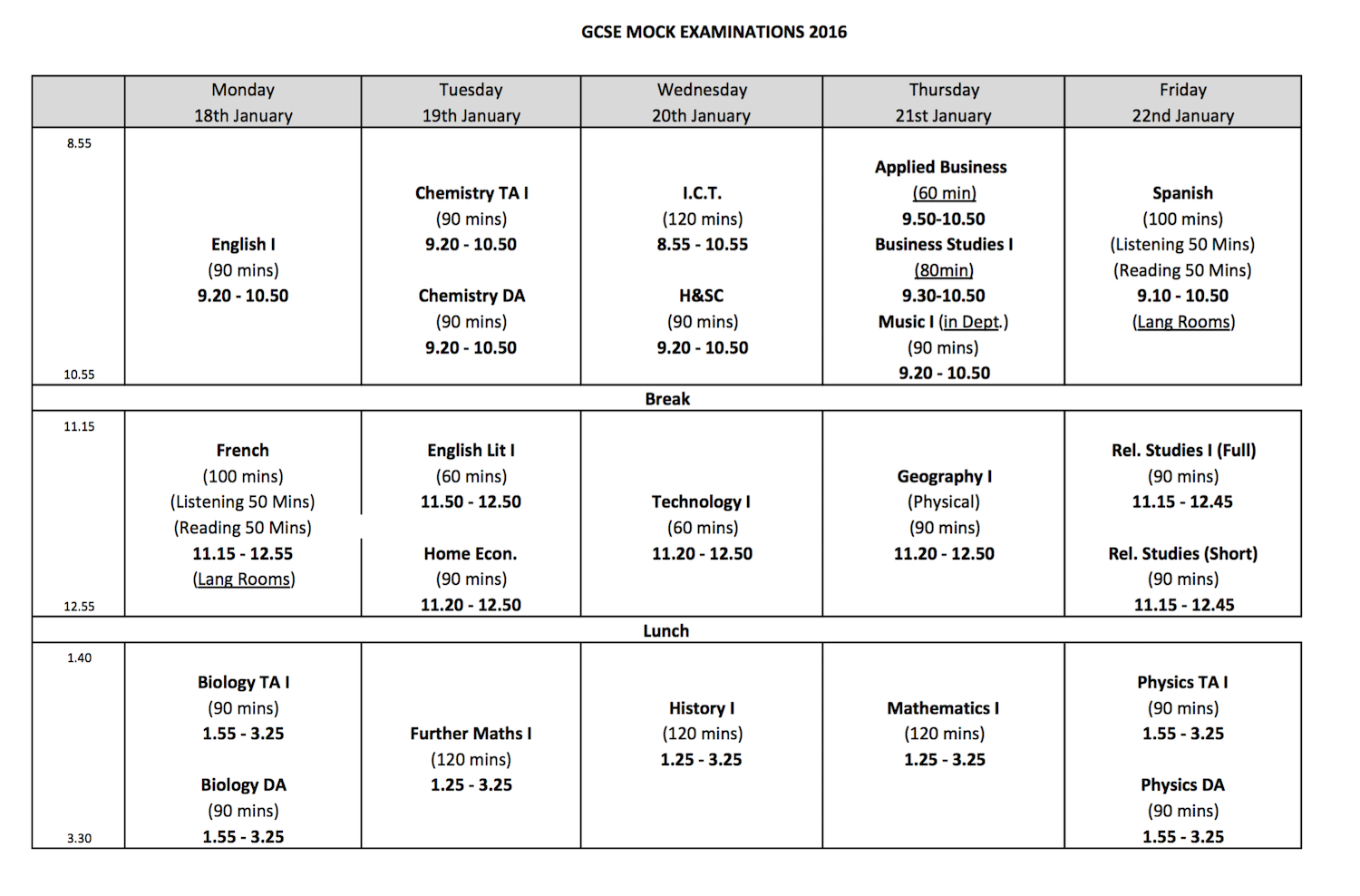 Exam Timetables January 2016