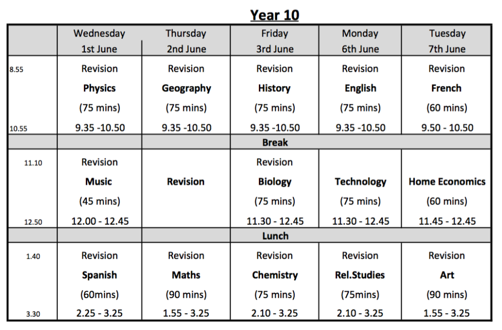 Internal Summer Exam Timetables